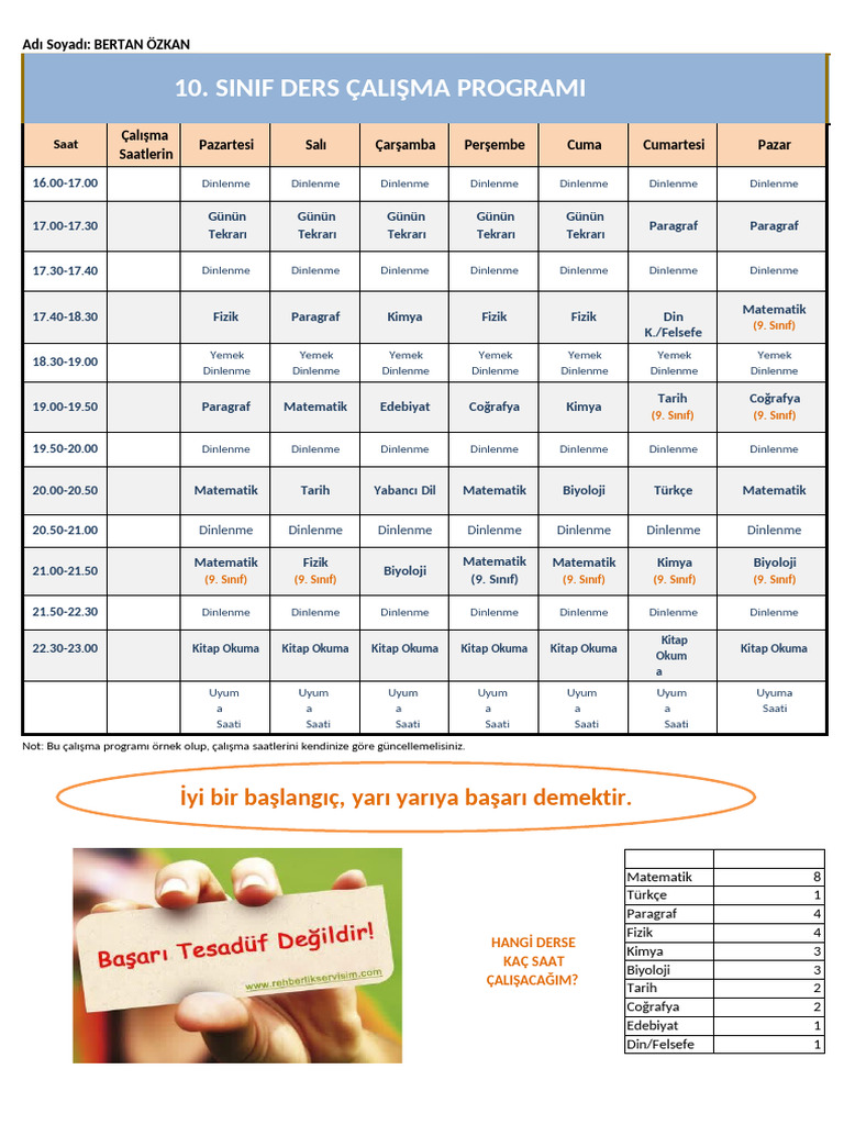 BERTAN ÖZKAN 10.sinif Ders Calisma Programi | PDF