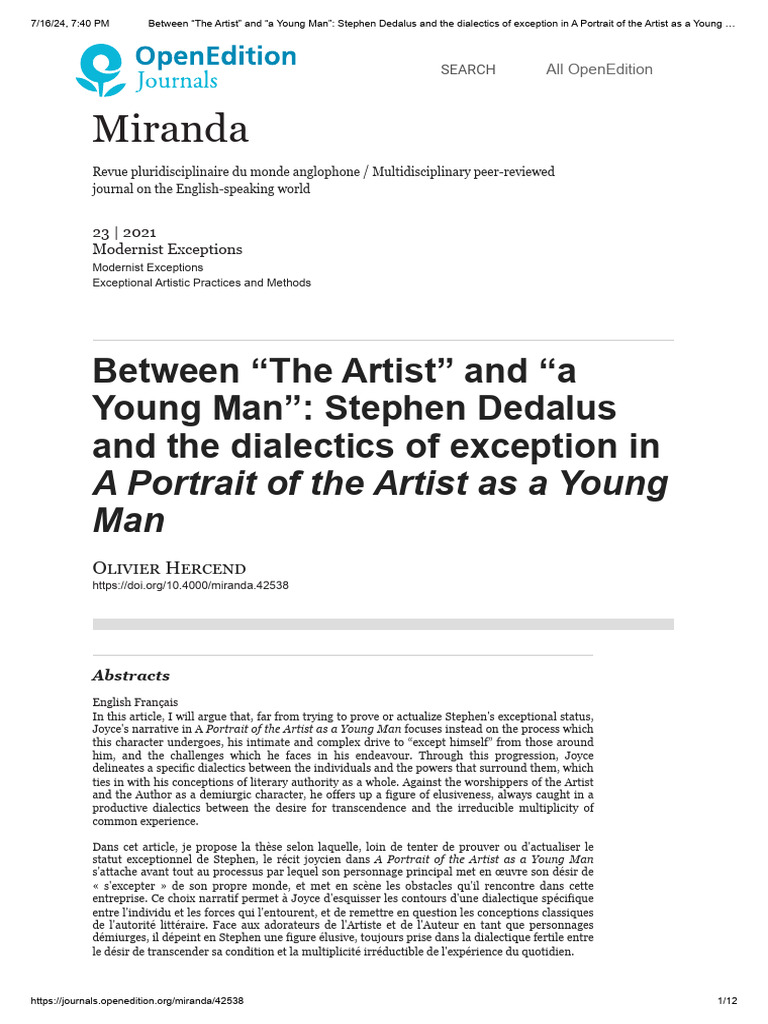 Between "The Artist" and "A Young Man" - Stephen Dedalus and The Dialectics of Exception in A ...