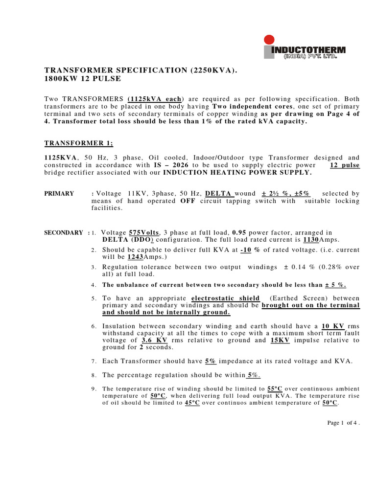 12Pulse L.I. XMER SPECIFICATION KVA2250KVA 11KV- 575V (1800kw) (1) (1 ...