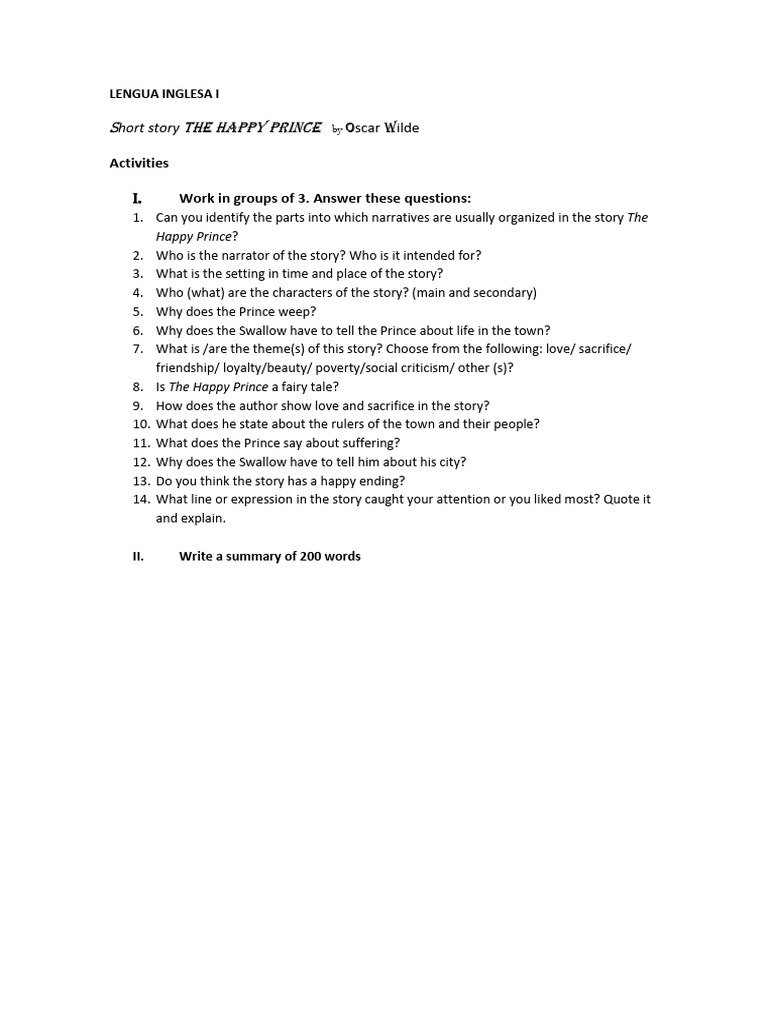 Activities for "The Happy Prince" Analysis | PDF