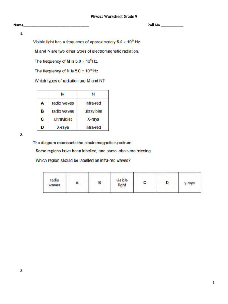 Physics Worksheet G 9 EM Radiation | PDF