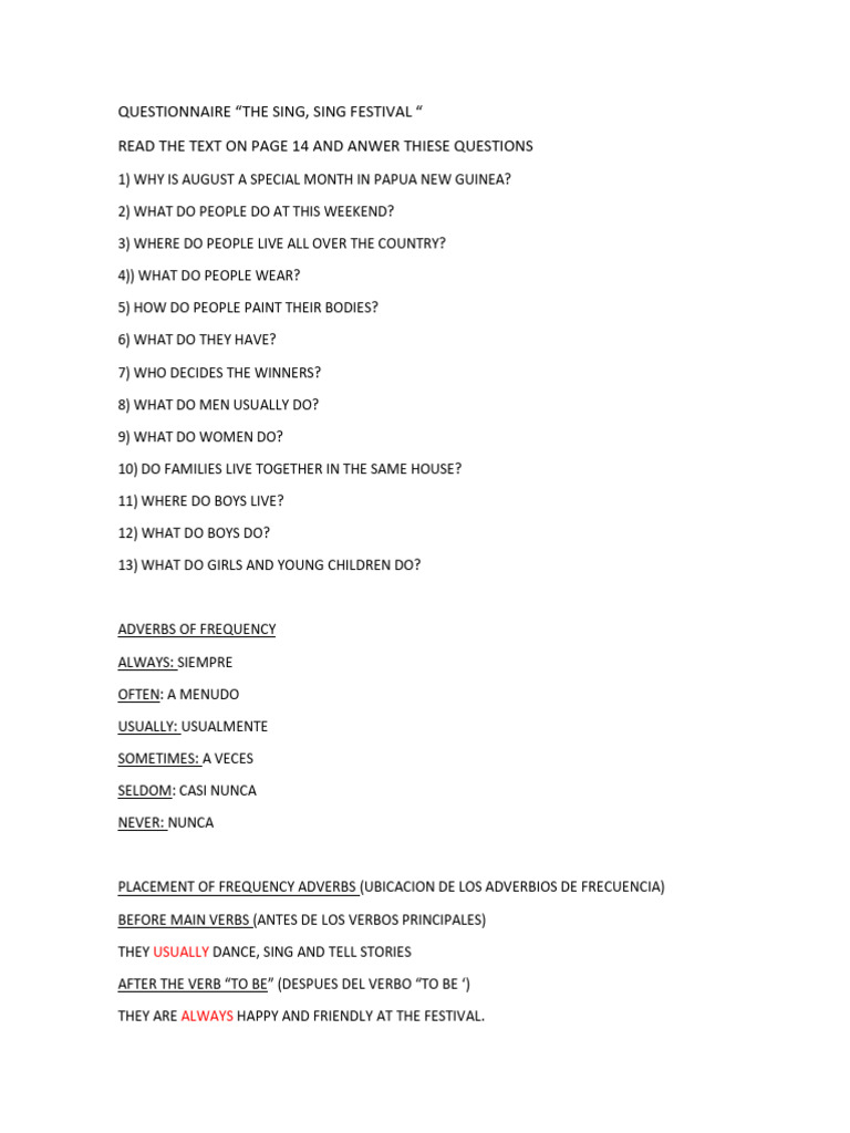 Sing Sing Festival. Questionnaire | PDF