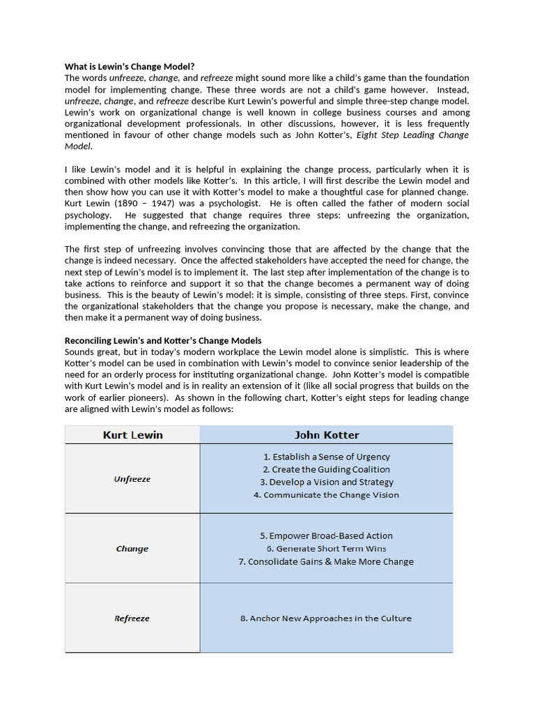 Change Models - Lewin and Kotter | PDF | Change Management | Applied Psychology
