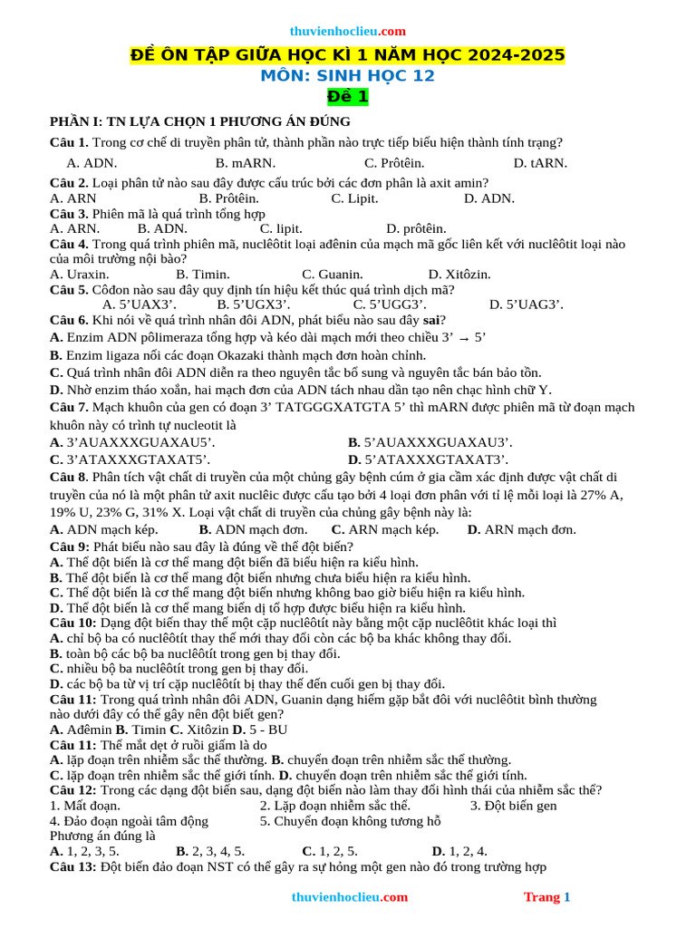 Bo-de-on-tap-giua-HK1-Sinh-12-CTST | PDF