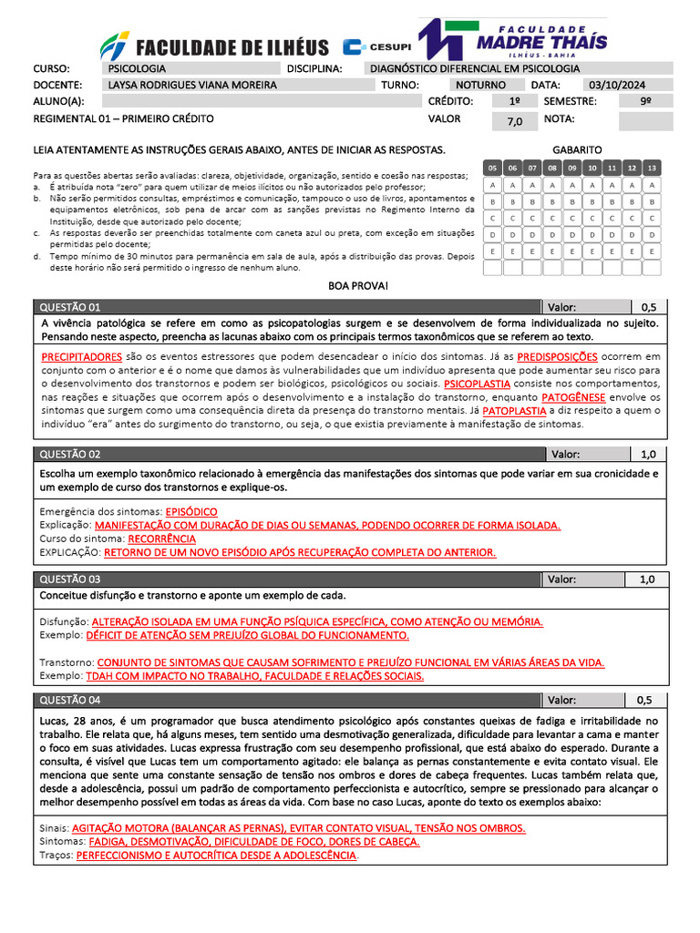 Prova de DDP Respondida - 2024.2 | PDF | Manual Diagnóstico e Estatístico de Transtornos Mentais ...