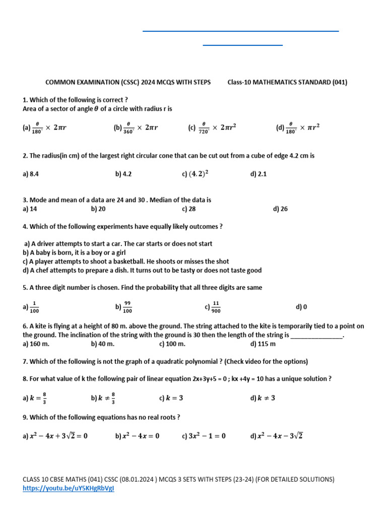 CLASS 10 CSSC MCQS (30 Q) Maths Plus U (1) | PDF | Quadratic Equation ...