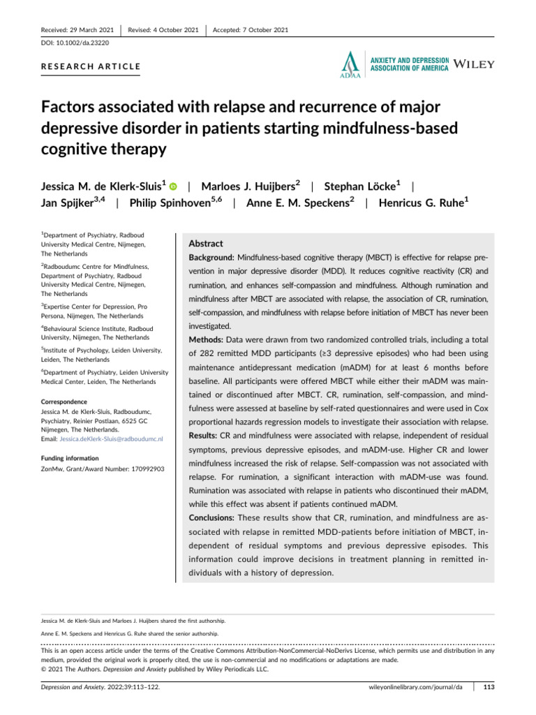 Mindfulness and Relapse in Depression | PDF | Major Depressive Disorder ...