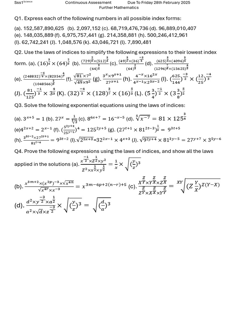 SSS1 FURTHER MATHEMATICS ASSIGNMENT FOR FIRST TEST CONTINOUS ASSESSMENT ...