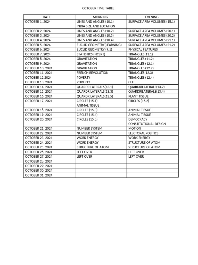 October Time Table | PDF