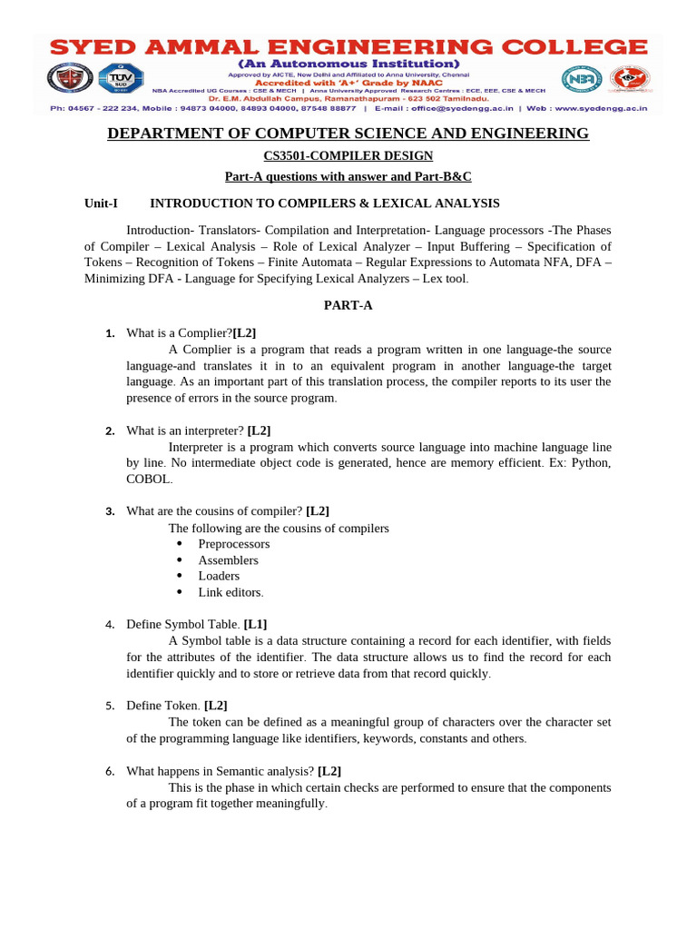 Question bank part A, part B&C | PDF | Parsing | Computing