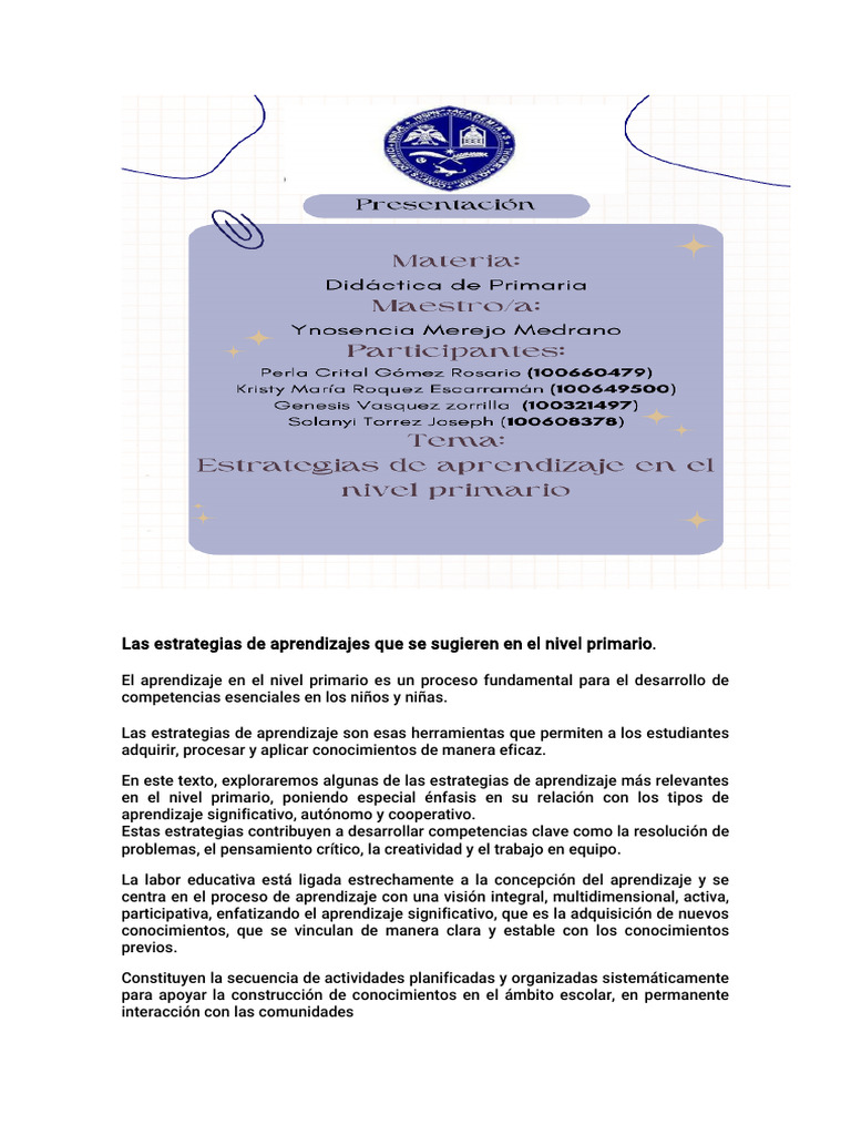 Estrategia de Aprendizaje en El Nivel Primario | PDF | Aprendizaje | Educación primaria