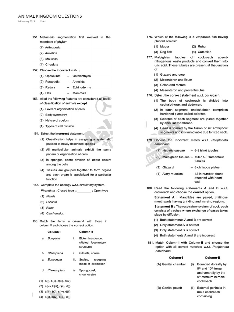 Animal Kingdom Questions | PDF