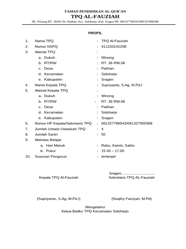 Profil TPQ (Contoh) | PDF
