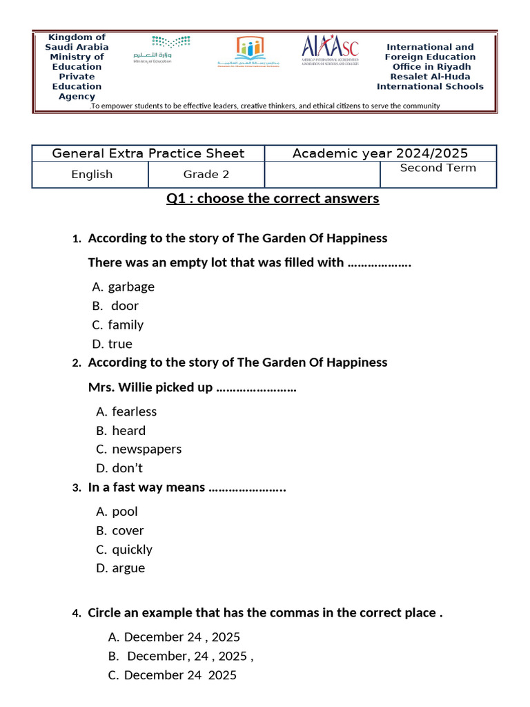 Grade 2 English Practice Sheet 2024 | PDF