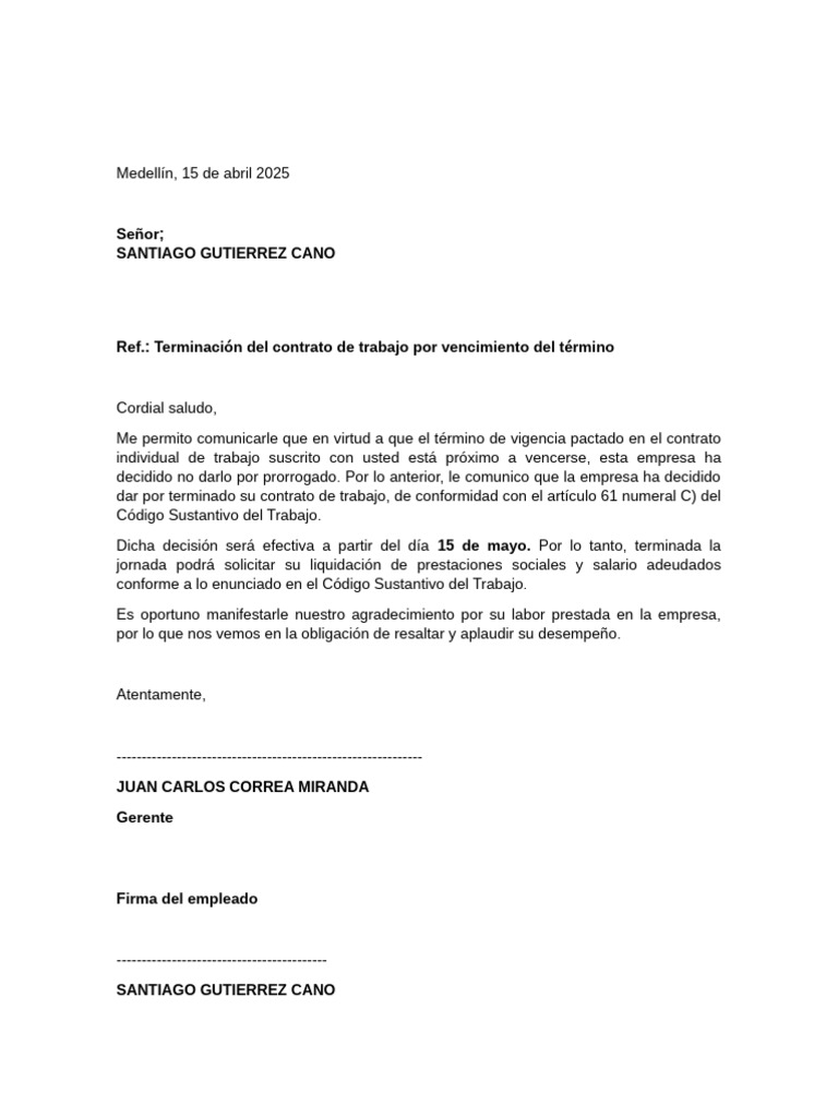 CARTA PREAVISO TERMINACION DE CONTRATO LABORAL | PDF