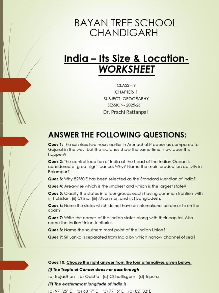 Resource 20250414115942 Geog. ch-1 India-Its Size Location - Worksheet ...