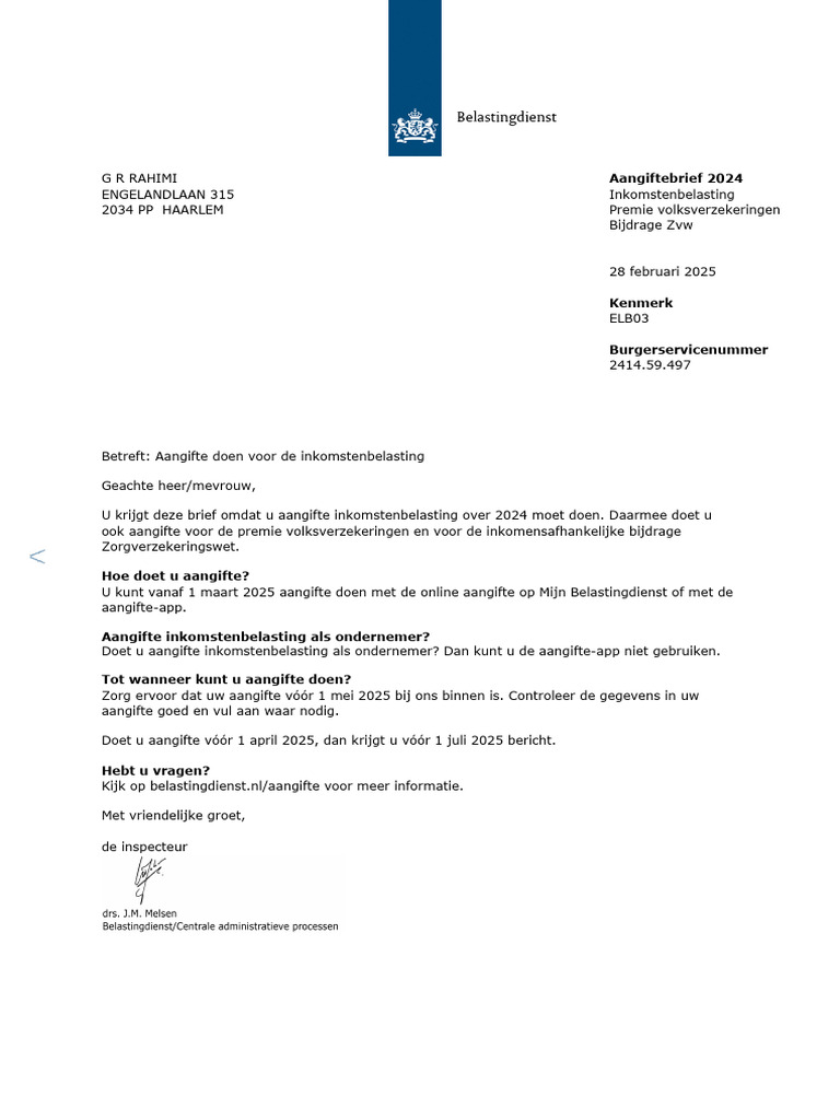 Aangiftebrief Inkomstenbelasting 2024 28 02 2025 | PDF