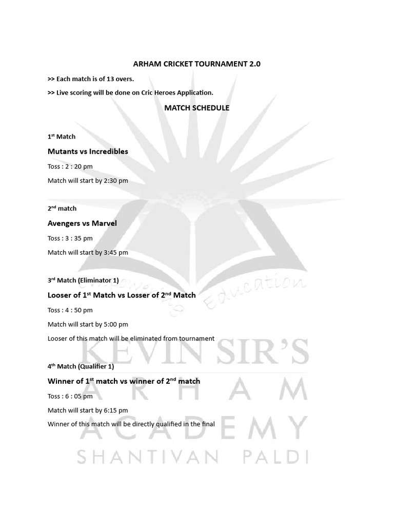 ARHAM CRICKET TOURNAMENT 2.0 Rules & Match Schedule | PDF | Ball Games | Athletic Sports