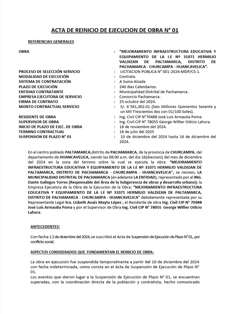 Acta de Reinicio de Ejecucion de Obra | PDF | Gobierno