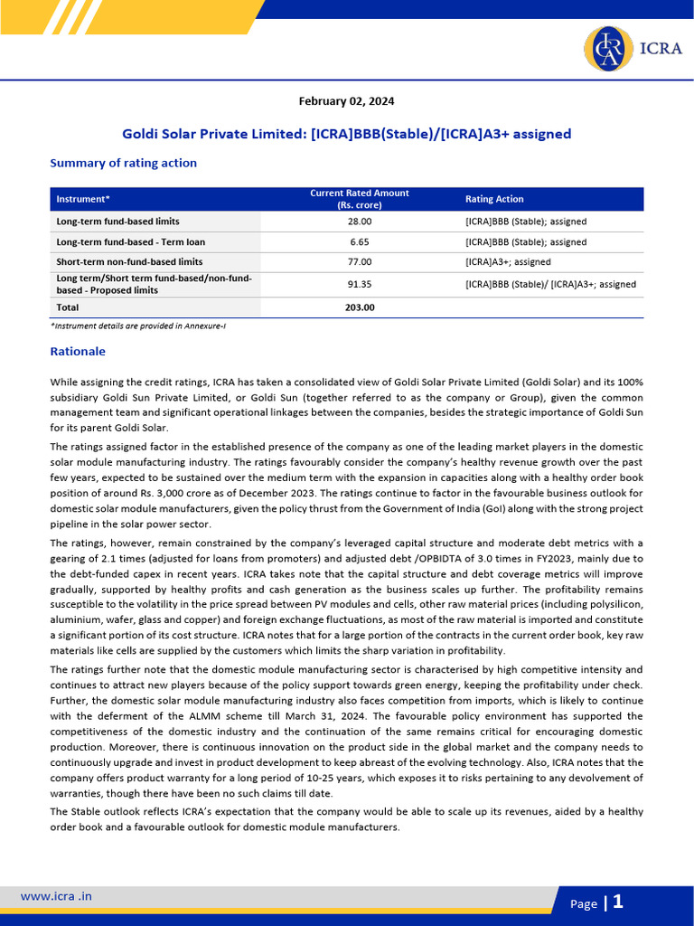 Goldi Solar Private Limited | PDF | Credit Rating Agency | Debt