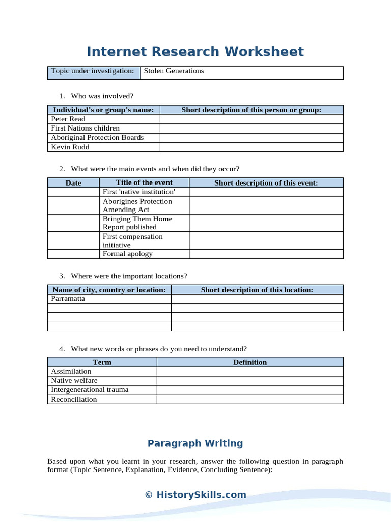 Stolen Generations Research Worksheet | PDF