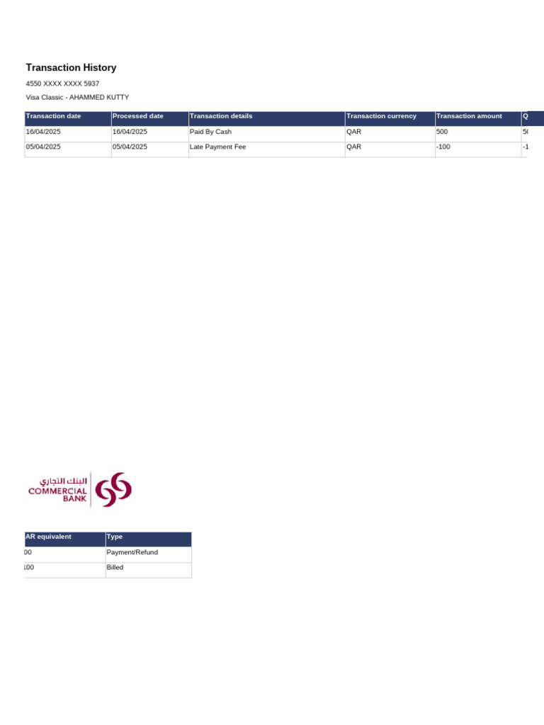 Visa Transaction History Summary | PDF