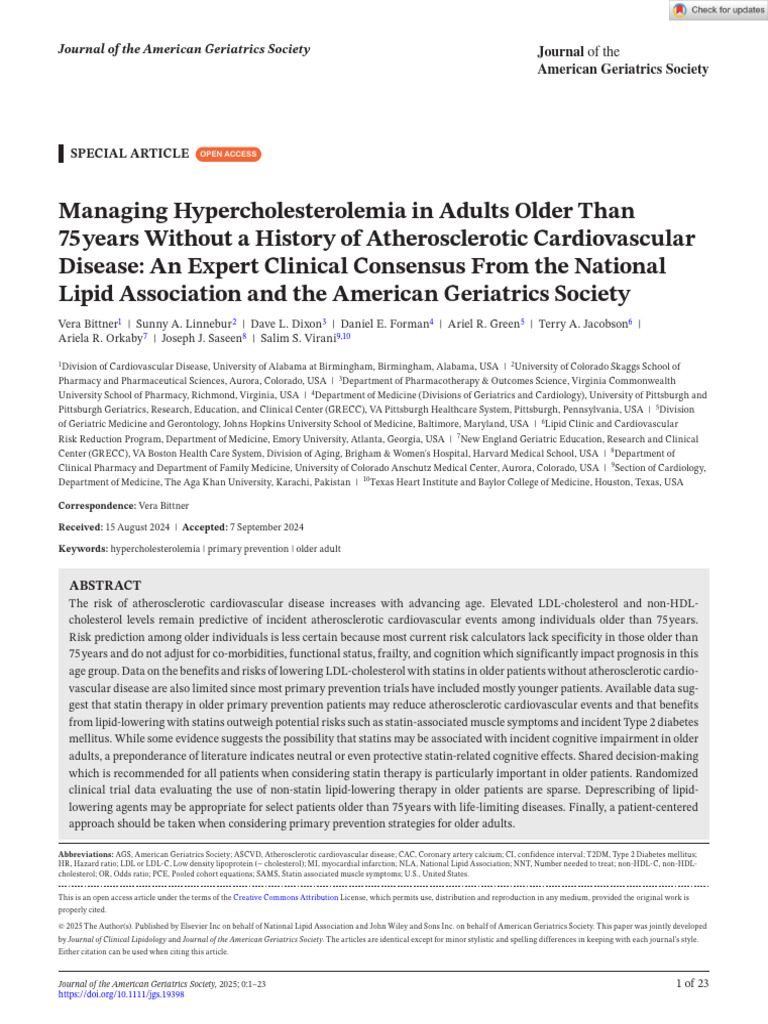 J American Geriatrics Society - 2025 - Bittner - Managing Hypercholesterolemia in Adults Older ...