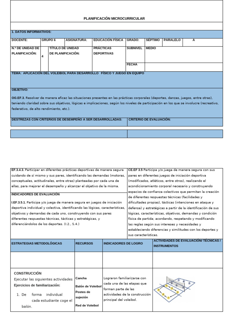 Planificación Microcurricular Pdf Vóleibol