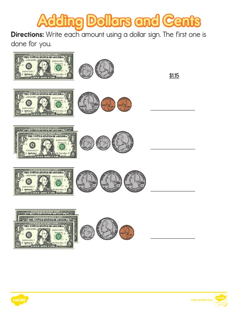 Color Second Grade Adding Dollars And Cents Pdf