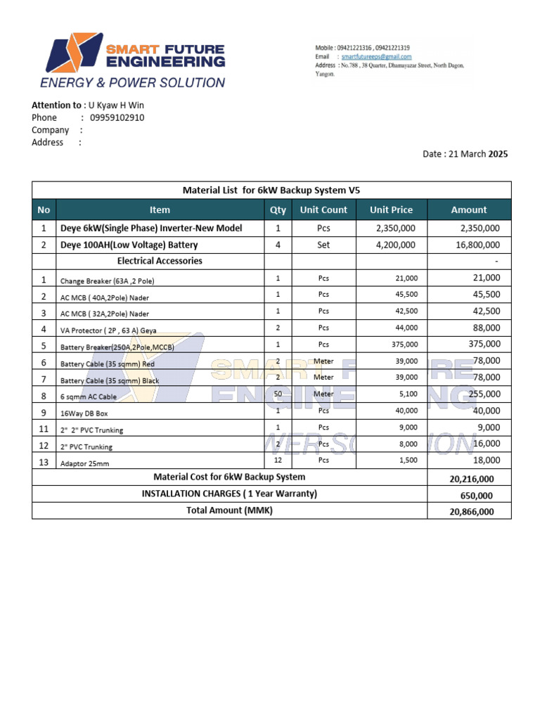 6kW Backup System Material List | PDF | Electrical Components | Power ...