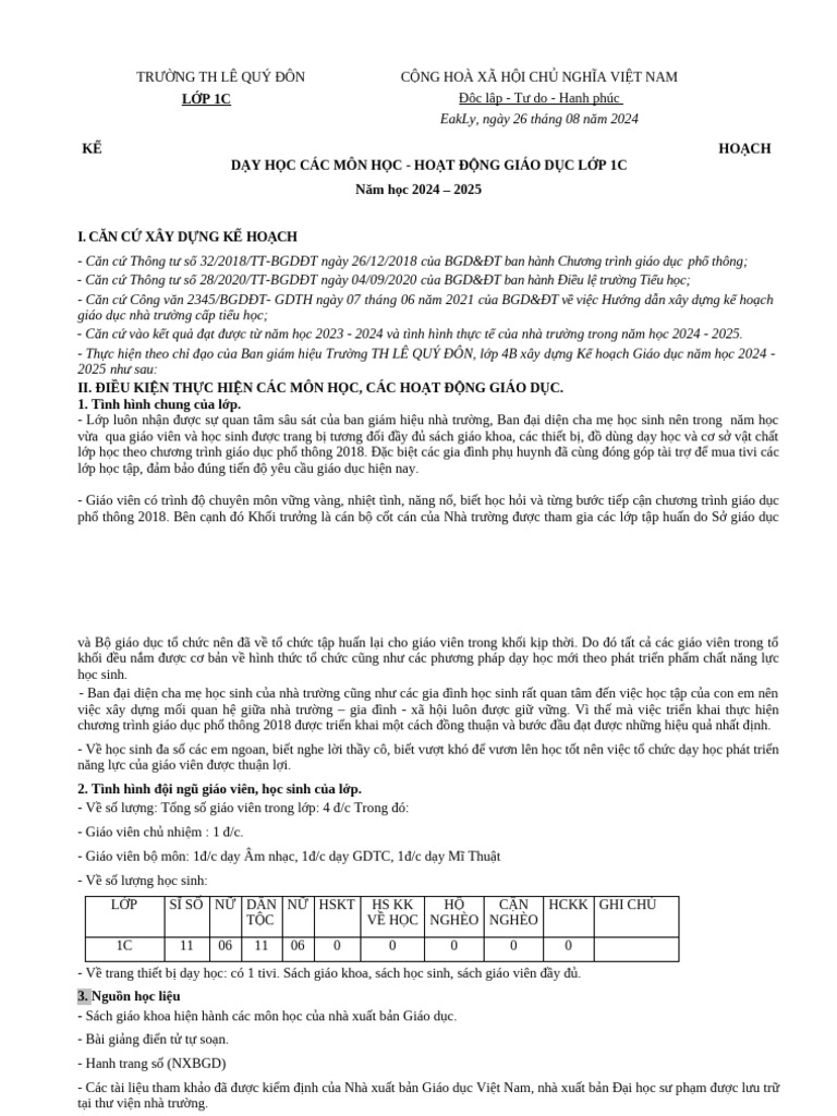KHDH CÁC MÔN , HOẠT ĐỘNG GIÁO DỤC LỚP 1C NH 2024- 2025 | PDF