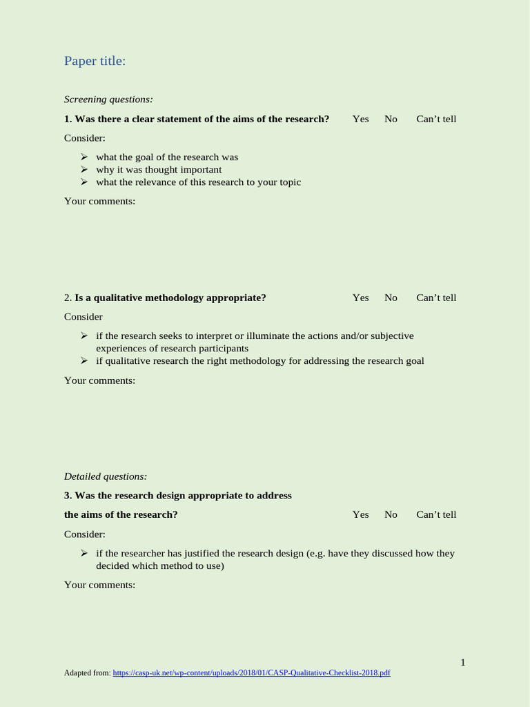 CASP checklist for qualitative research | PDF | Methodology ...