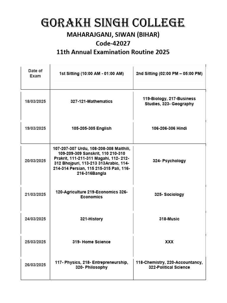 Gorakh Singh College Exam Routine 2025 | PDF
