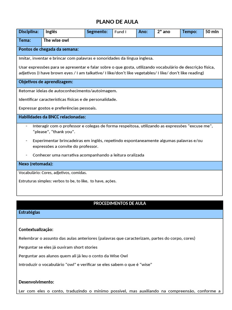 EN02 - SD1.1 - C - PLANO DE AULA - The Wise Owl - 2025 | PDF | Aprendizado