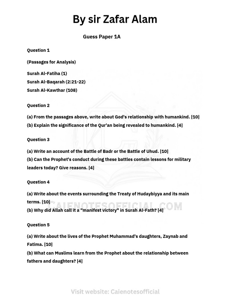 Sir Zafar Alam P1 Guess Paper - Caienotesofficial | PDF | Muhammad | Surah