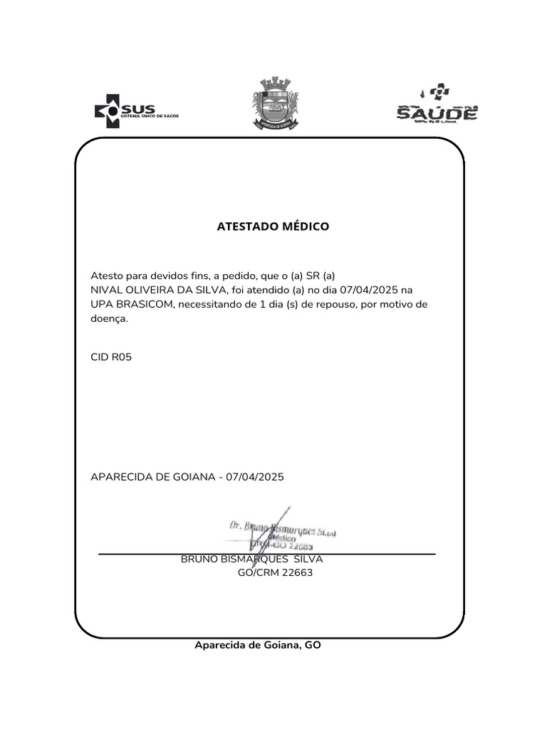 Atestado Médico CID R05 - Nival Oliveira | PDF