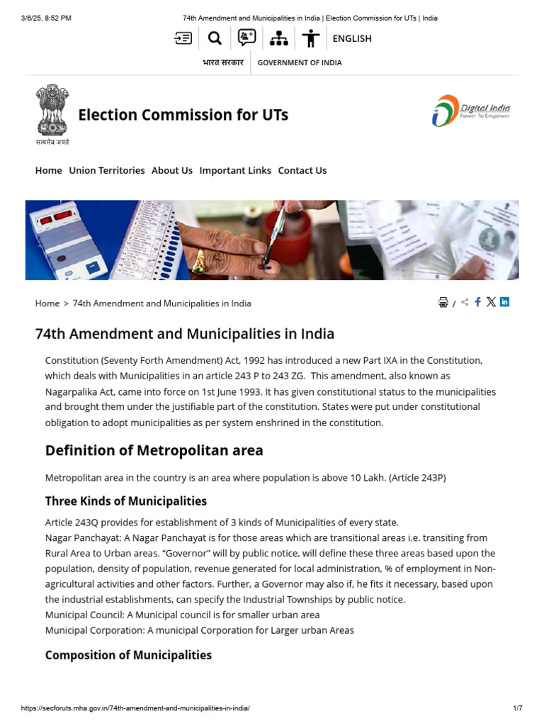 74th Amendment and Municipalities in India - Election Commission For ...