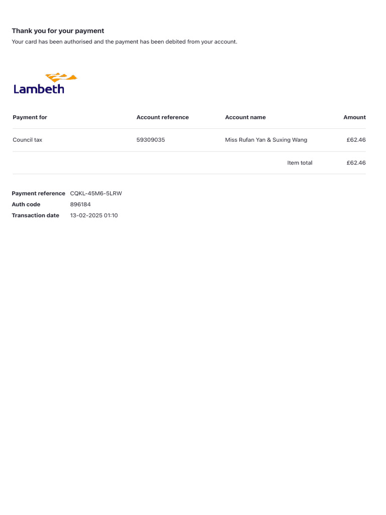 London Borough of Lambeth - Electronic Payments - Receipt | PDF
