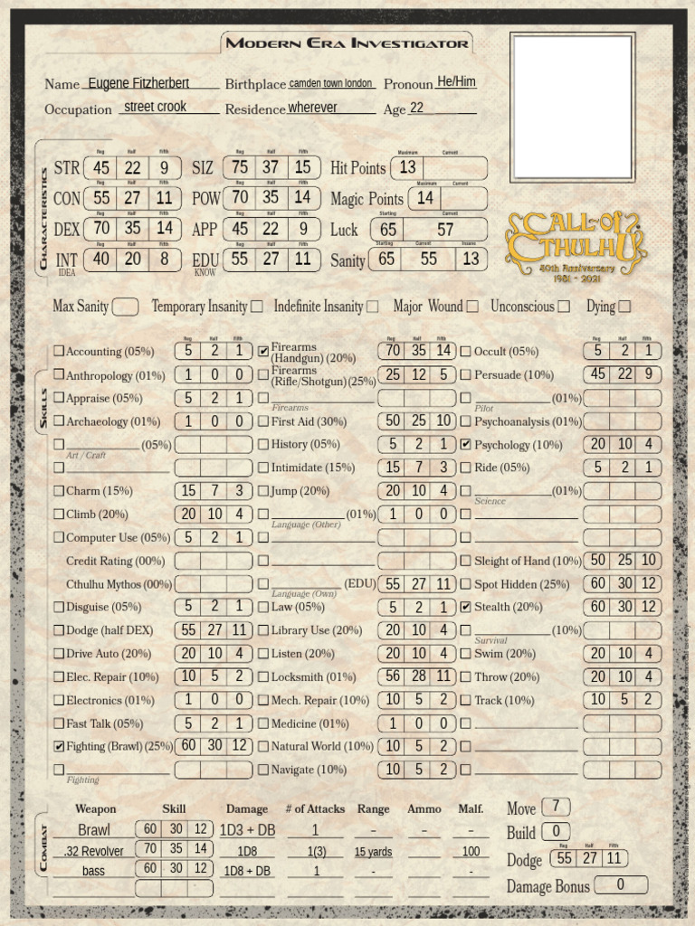 Modern Era Investigator Character Sheet | PDF