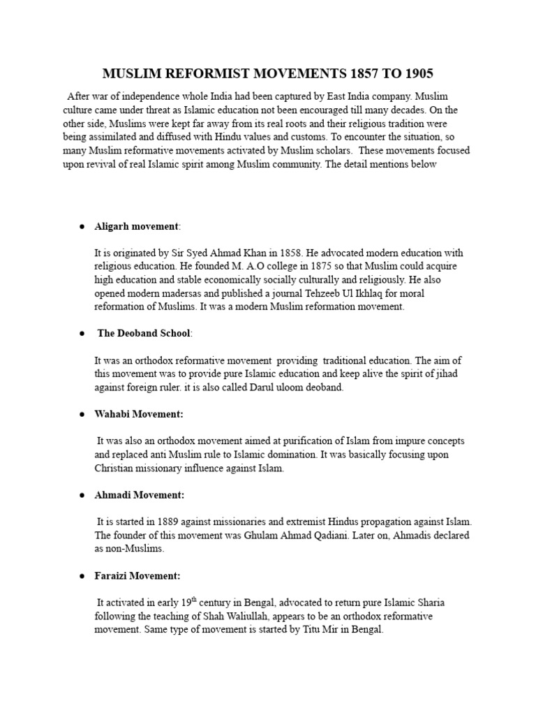 Muslim Reformist Movements (1857-1905) | PDF | Monotheistic Religions ...