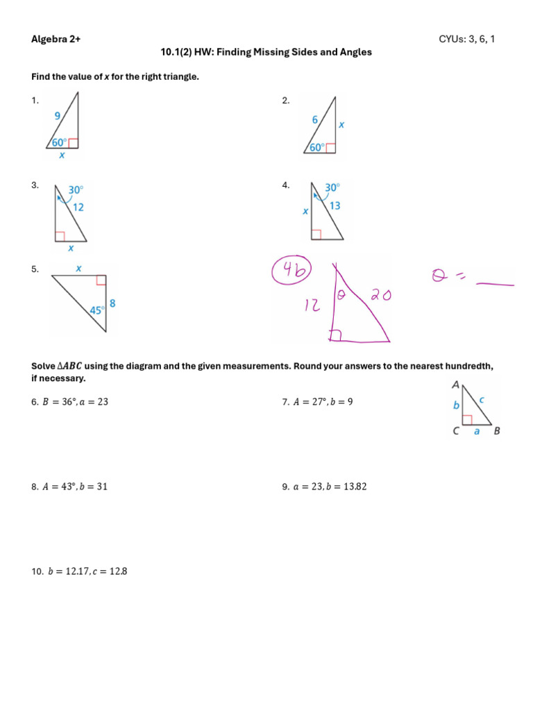 Algebra 2+ 10.1 (2) HW: Finding Missing Sides and Angles: Find The ...
