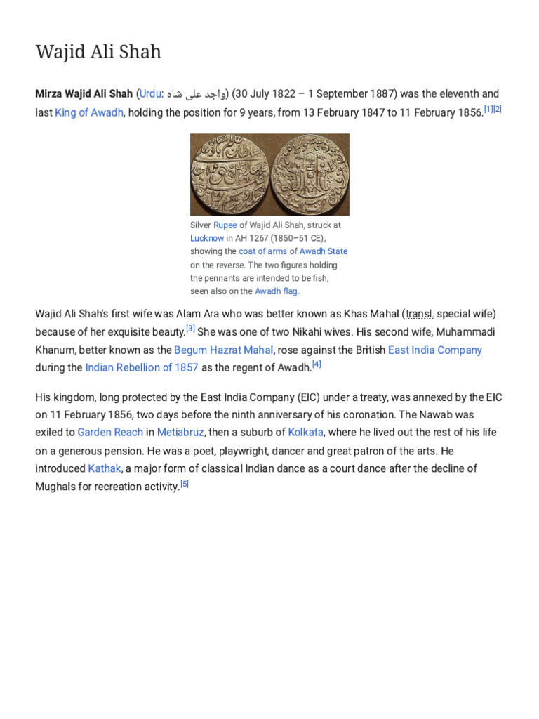 Wajid Ali Shah - Wikipedia | PDF