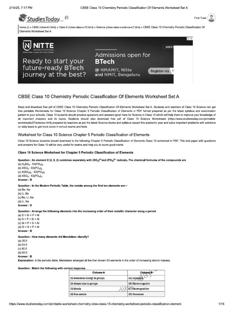 Periodic Classification of Elements - 01 | PDF
