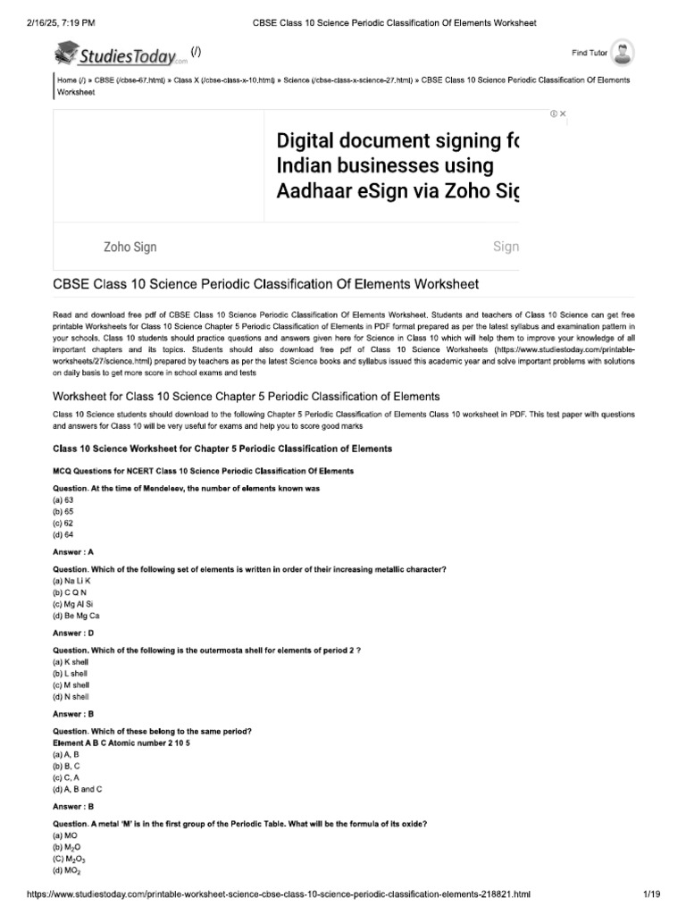 Periodic Classification of Elements - Worksheet | PDF