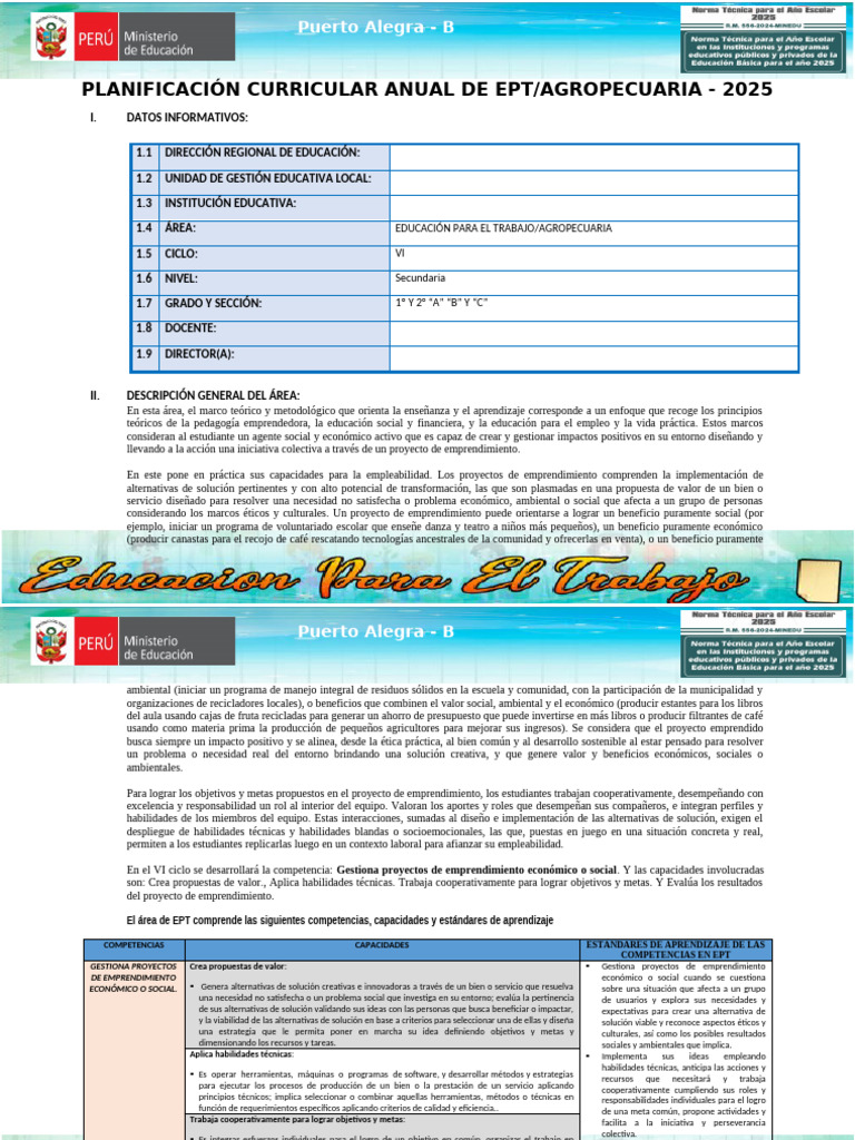 Ept Agropecuaria 1 2 Programacion Curricular Anual | PDF | Aprendizaje | Evaluación