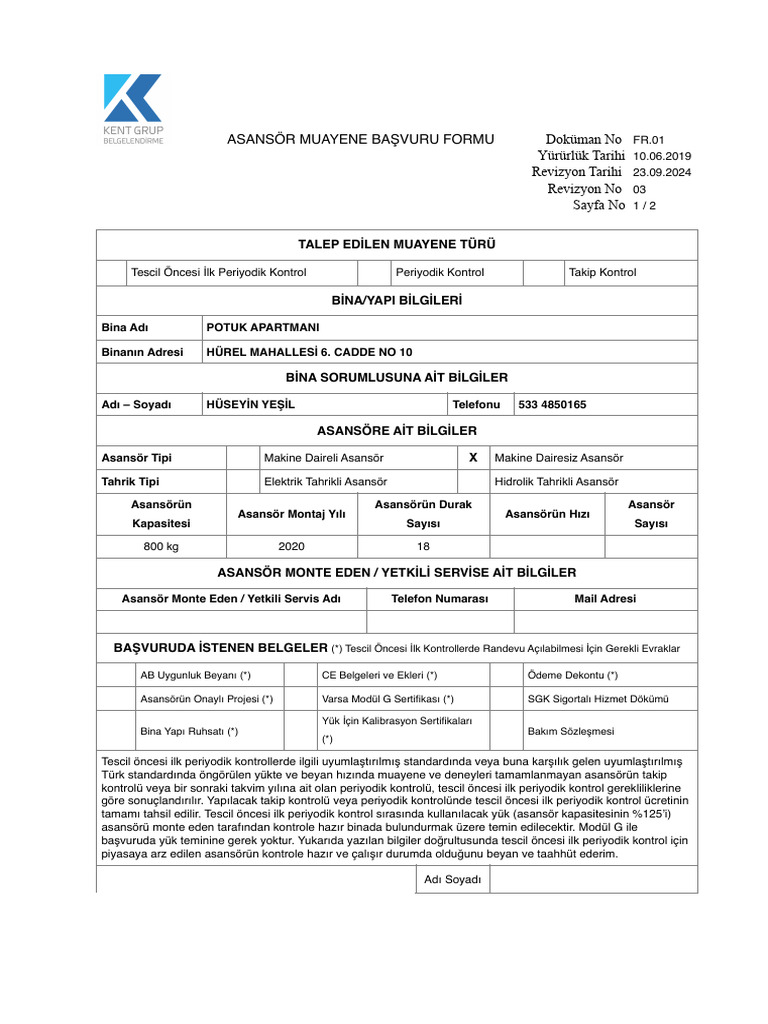 FR.01 Asansör Muayene Başvuru Formu R03 | PDF