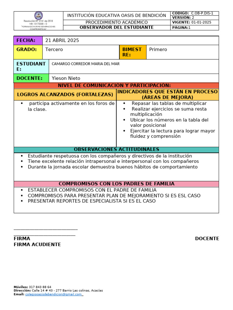Formato de Observador Del Estudiante 2025 | PDF