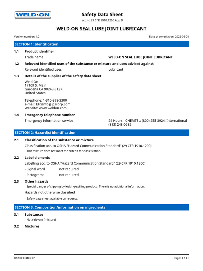 Weld-On Seal Lube Safety Data Sheet | PDF | Dangerous Goods | Toxicity