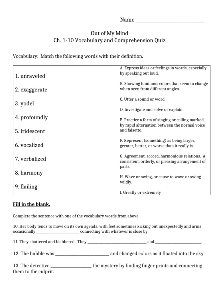Vocabulary Quiz for "Out of My Mind" | PDF