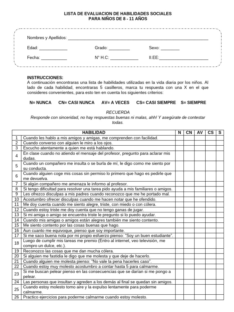 Evaluación de Habilidades Sociales Niños | PDF